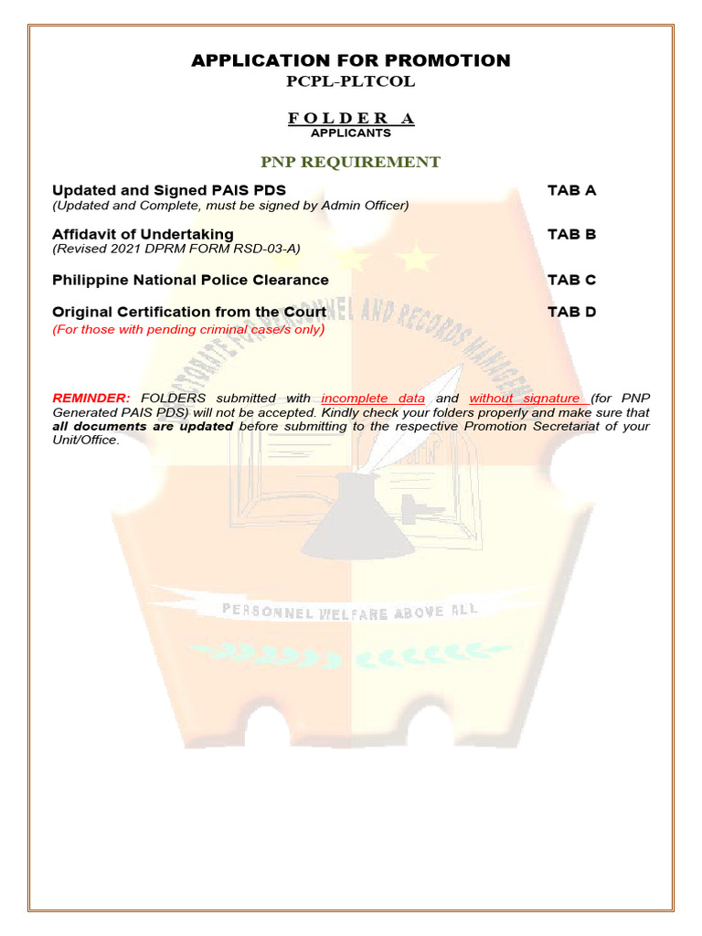 PNP Promotion Application Requirements | PDF | Government | Justice