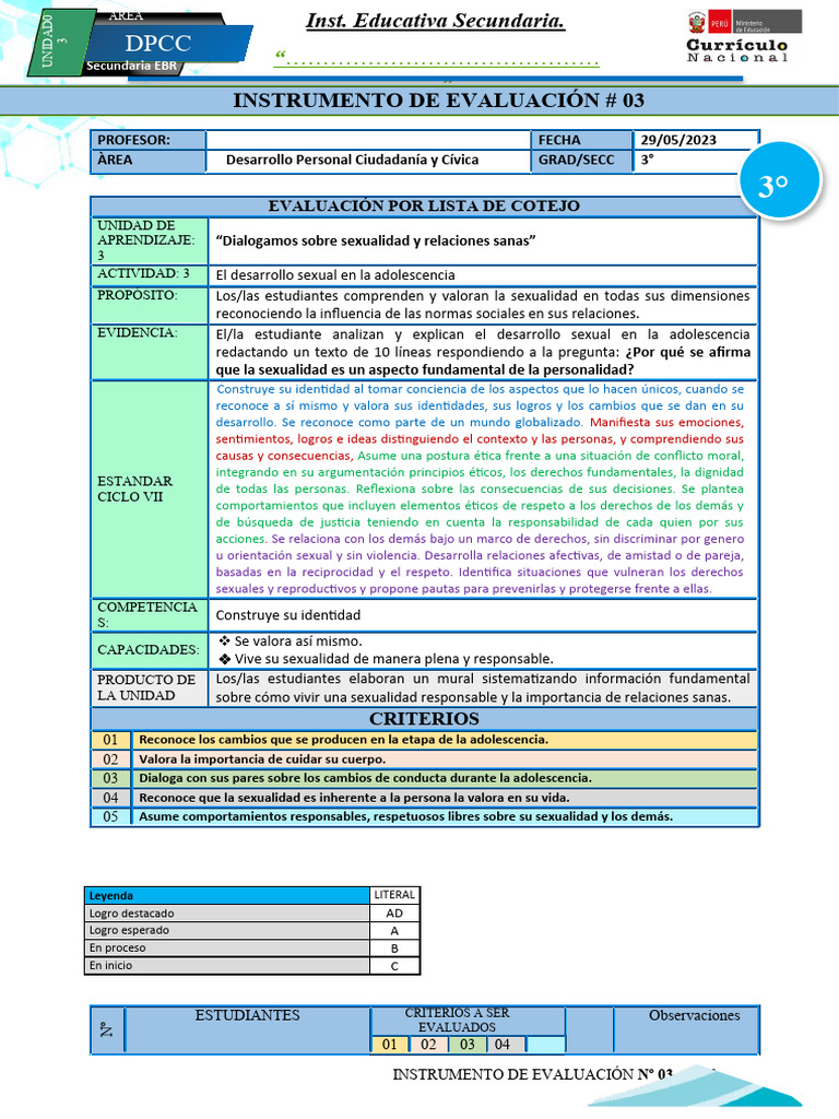 3º DPCC- LC ACT.3 UNI 3 - SEM 03 | PDF | La sexualidad humana | Evaluación