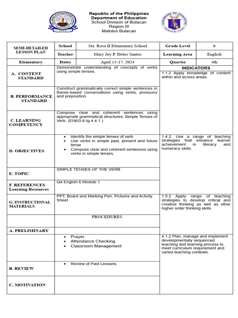 SEMI DETAILED LESSON PLAN With INDICATORS | PDF | Educational Assessment | Lesson Plan