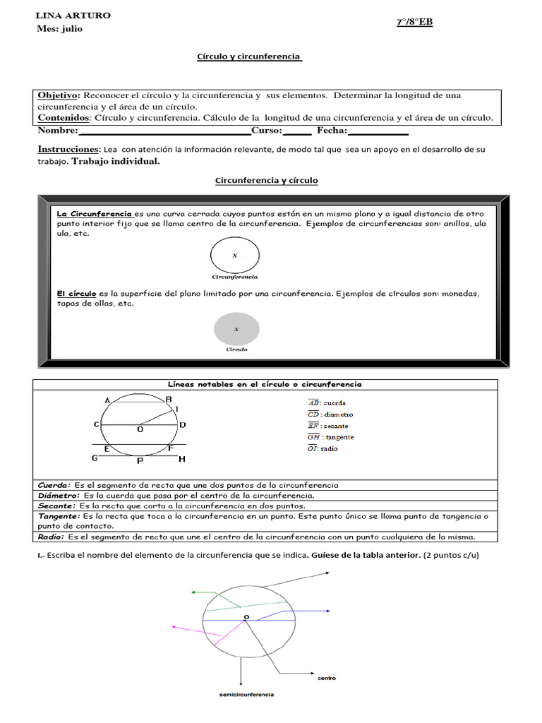 Tercer Ciclo Guía N°3 Julio Círculo y Circunferencia | PDF | Pi | Circulo