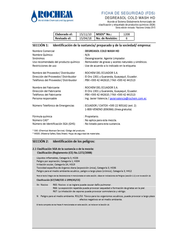 Ficha de Seguridad Degreasol Cold Wash HD | PDF | Química