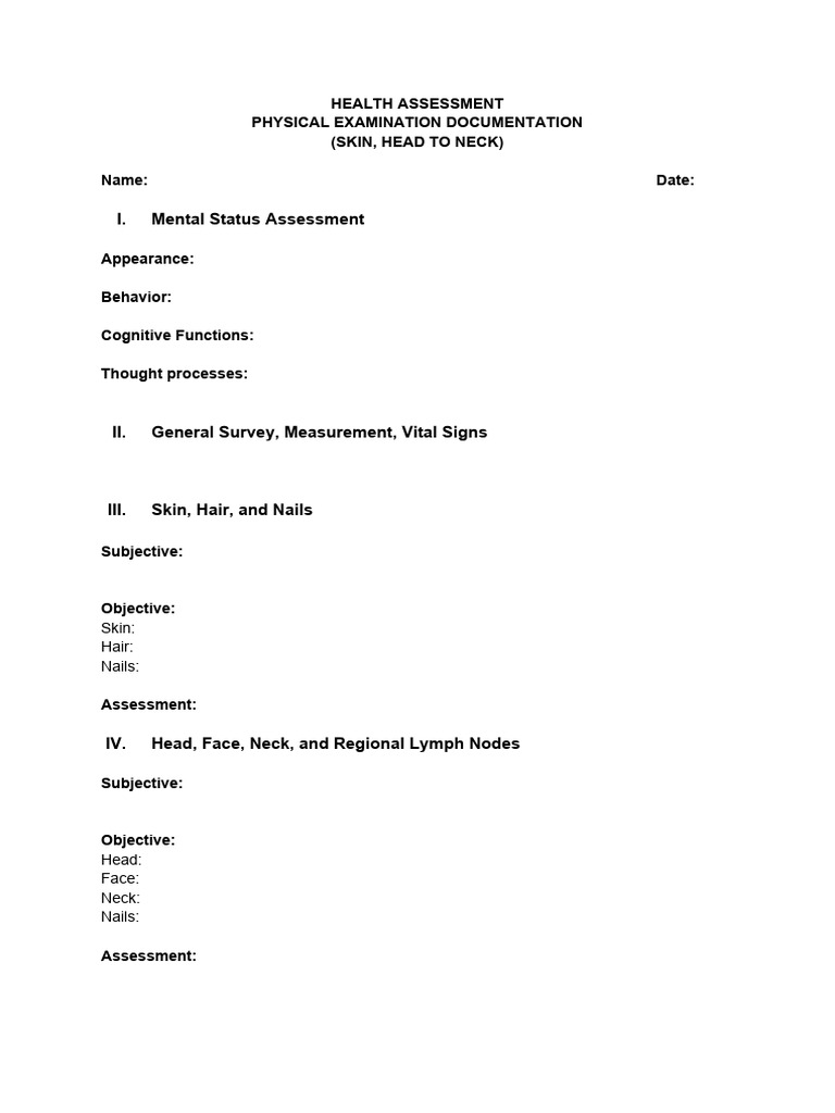 Health Assessment Documentation Skin Head to Neck | PDF