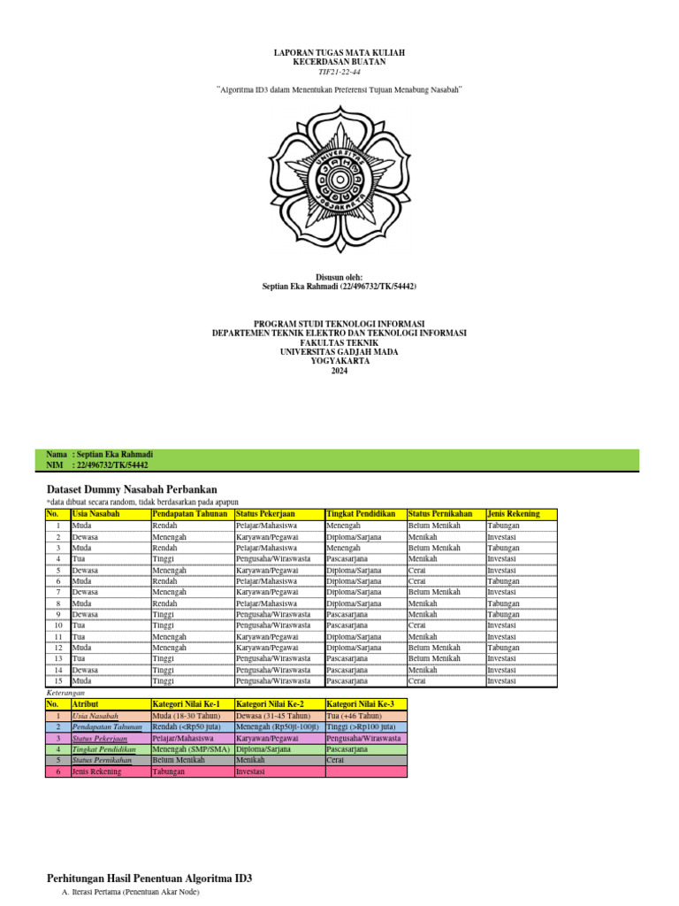 Septian Eka Rahmadi - Laporan Algoritma ID3 Pada Nasabah Bank | PDF