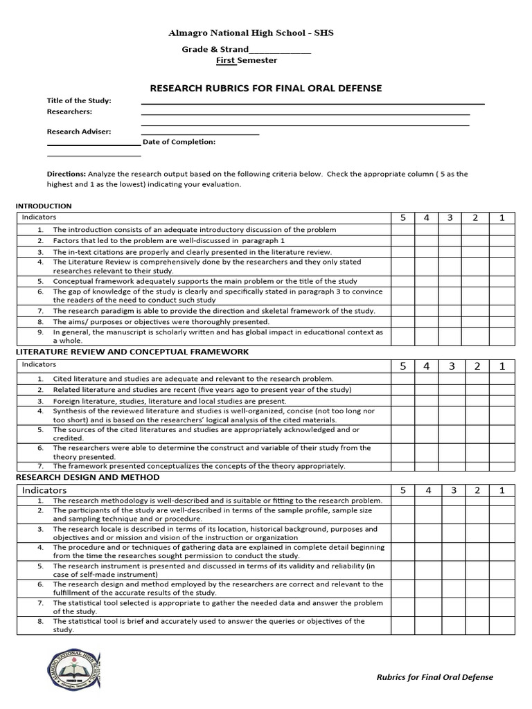 Form 5b Research Rubrics Final Oral Defense 1 | PDF | Statistics ...