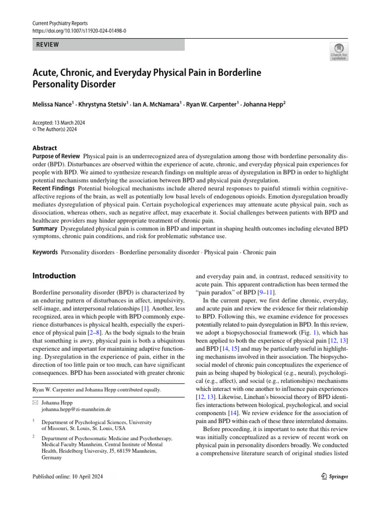 Acute, Chronic, and Everyday Physical Pain in Borderline Personality ...