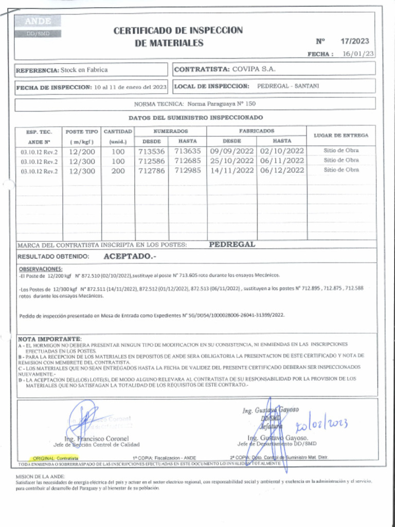 Certificado de Inspeccion | PDF
