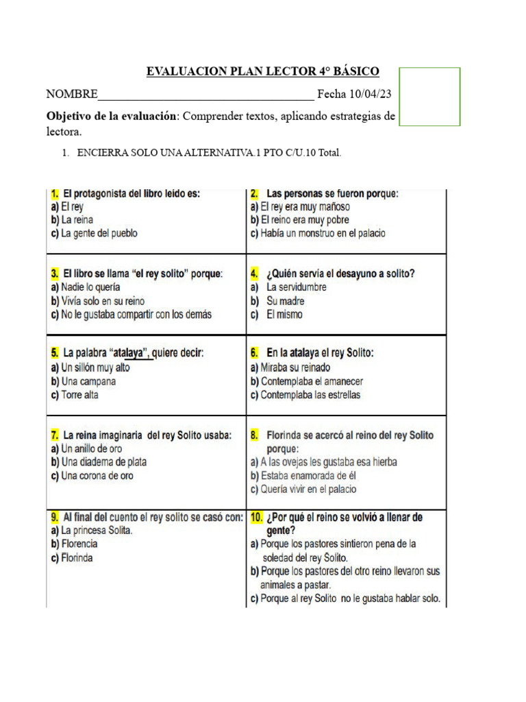 Evaluacion Plan Lector 5 | PDF