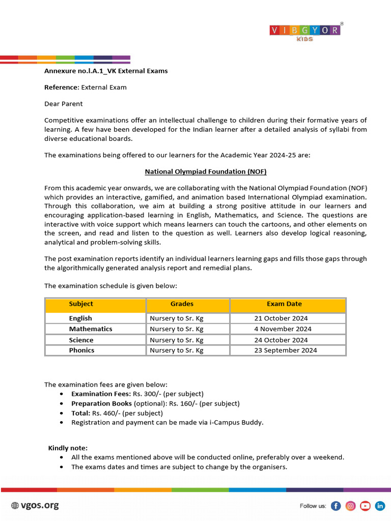 Annexure l.a.1 Vk External Exams | PDF | Learning | Preschool