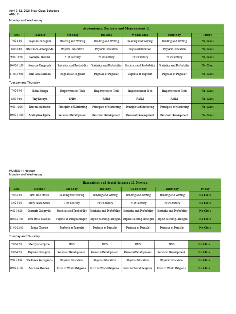 April 3 To 12 Class Schedule Grade 11 | PDF | Science