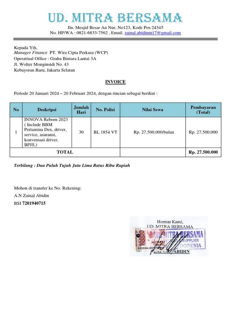 Invoice UD. Mitra Bersama Januari-Februari | PDF