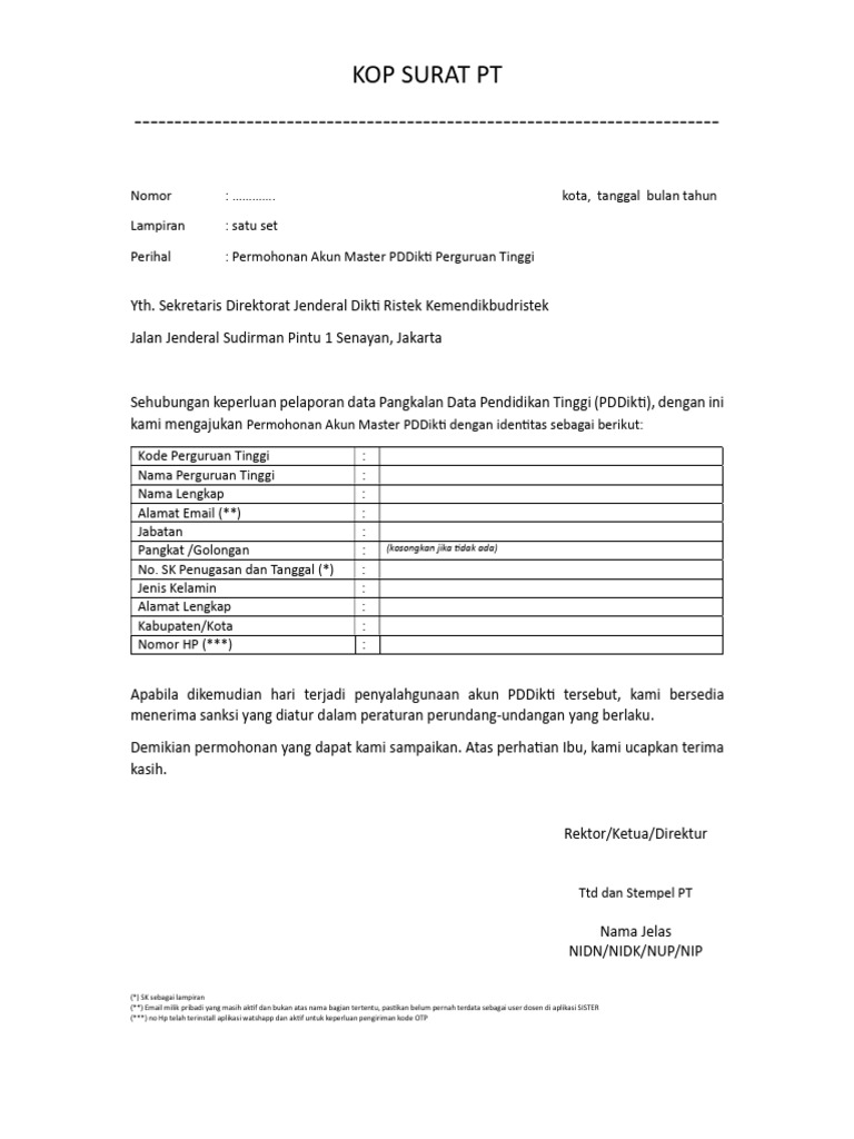 Template Surat Permohonan Akun Master PDDikti PT | PDF