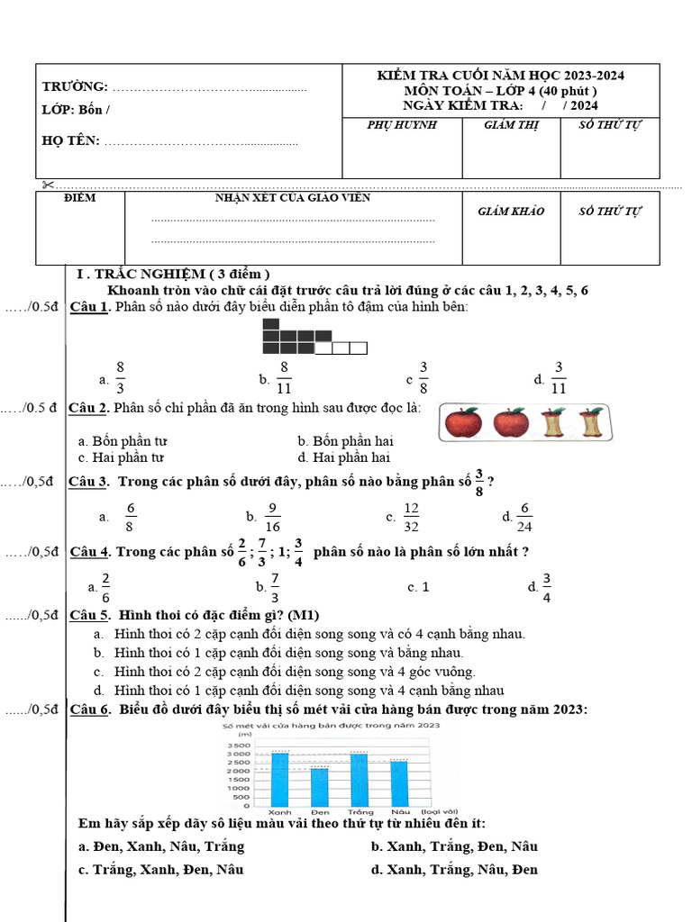 1 đề ôn tập ck2 - toán 4 | PDF