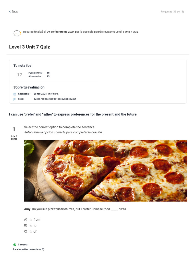 Level 3 Unit 7 Quiz: Tu Nota Fue | PDF