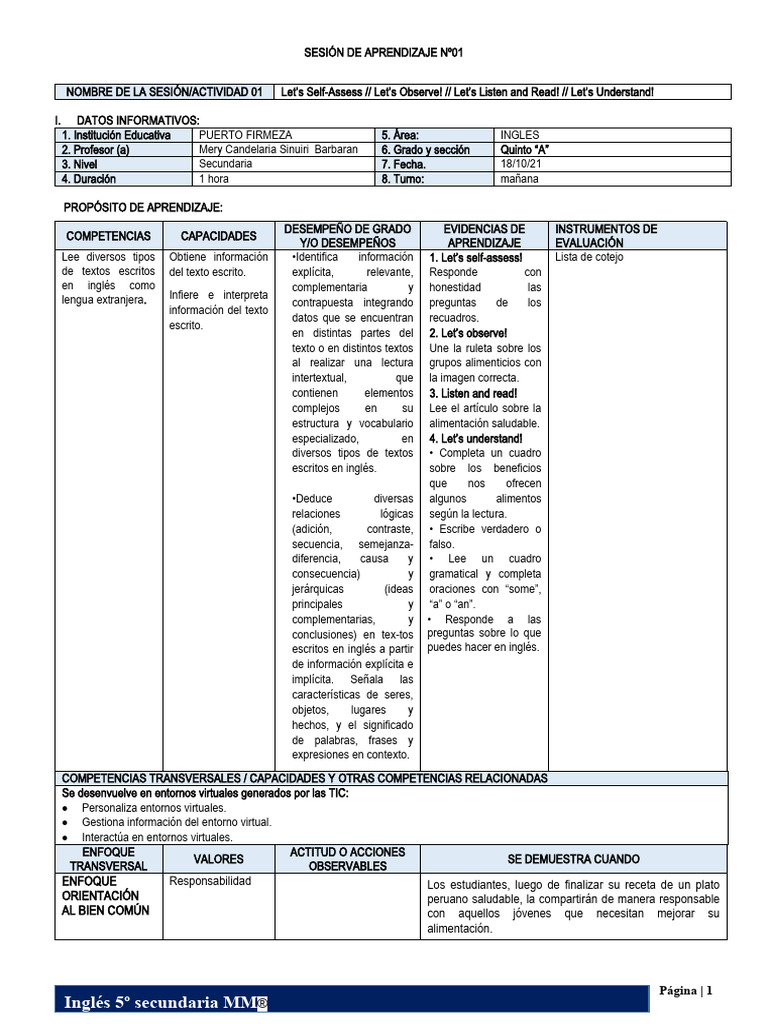 SESIÓN INGLES 5°-ACTV 01 | PDF | Evaluación | Aprendizaje