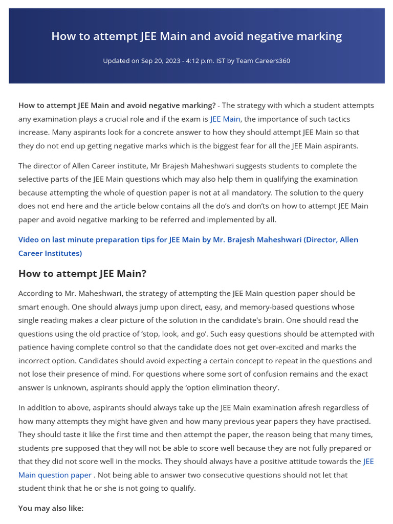 JEE Main: Strategies to Avoid Negative Marking | PDF | Question ...