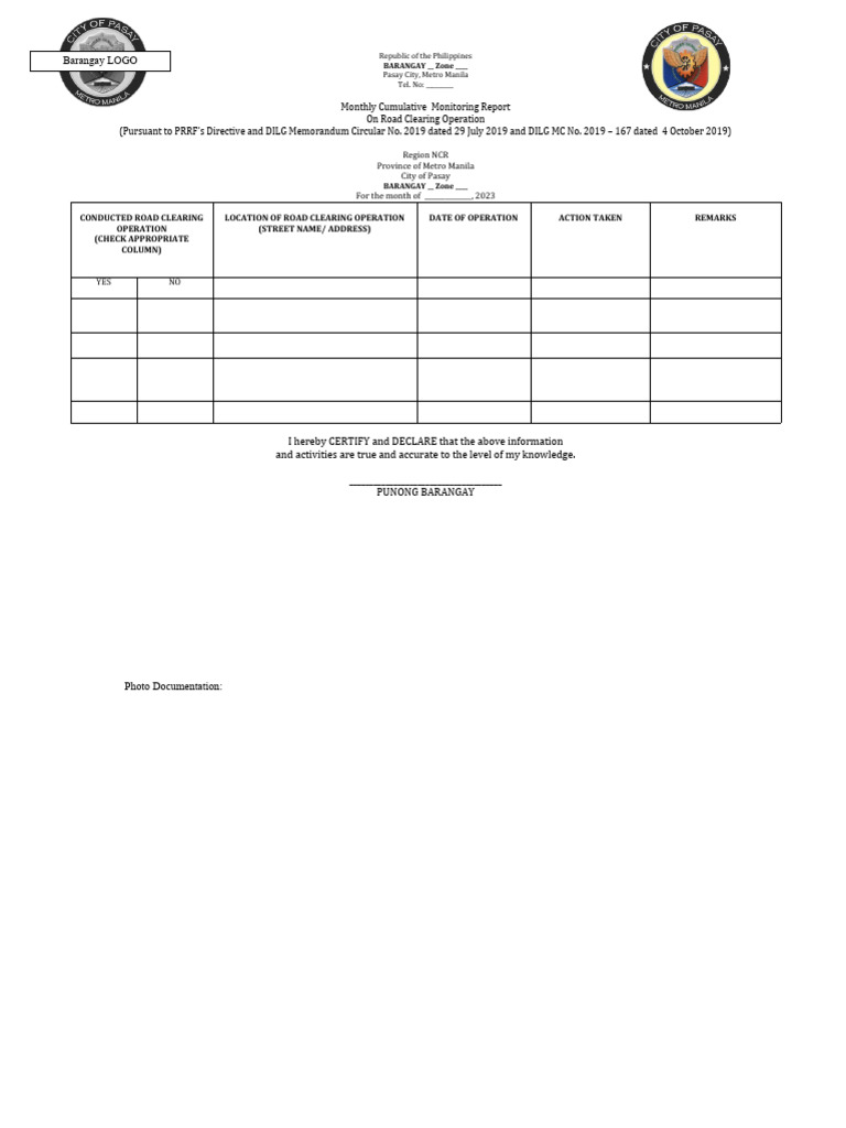 Monthly Road Clearing Report - Pasay City | PDF