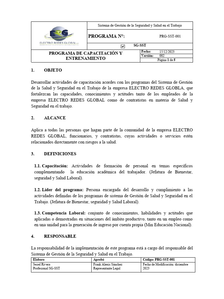 PRG-SST-001 Programa de Capacitación y Entrenamiento | PDF | Valores ...