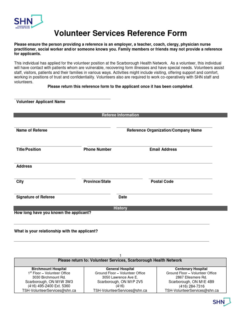 SHN Volunteer Reference Form | Download Free PDF | Volunteering | Hospital