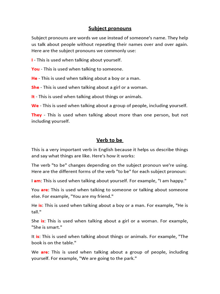 Subject Pronouns and the Verb to Be | PDF