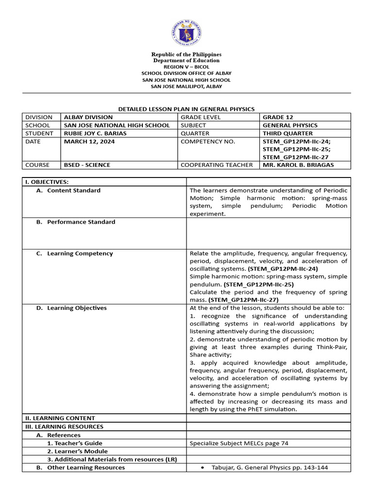 Grade 12 General Physics Lesson Plan | PDF | Oscillation | Pendulum