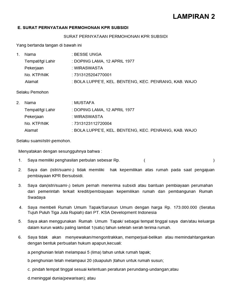 LampIran 2 - Format Surat Pernyataan KPR Bersubsidi | PDF