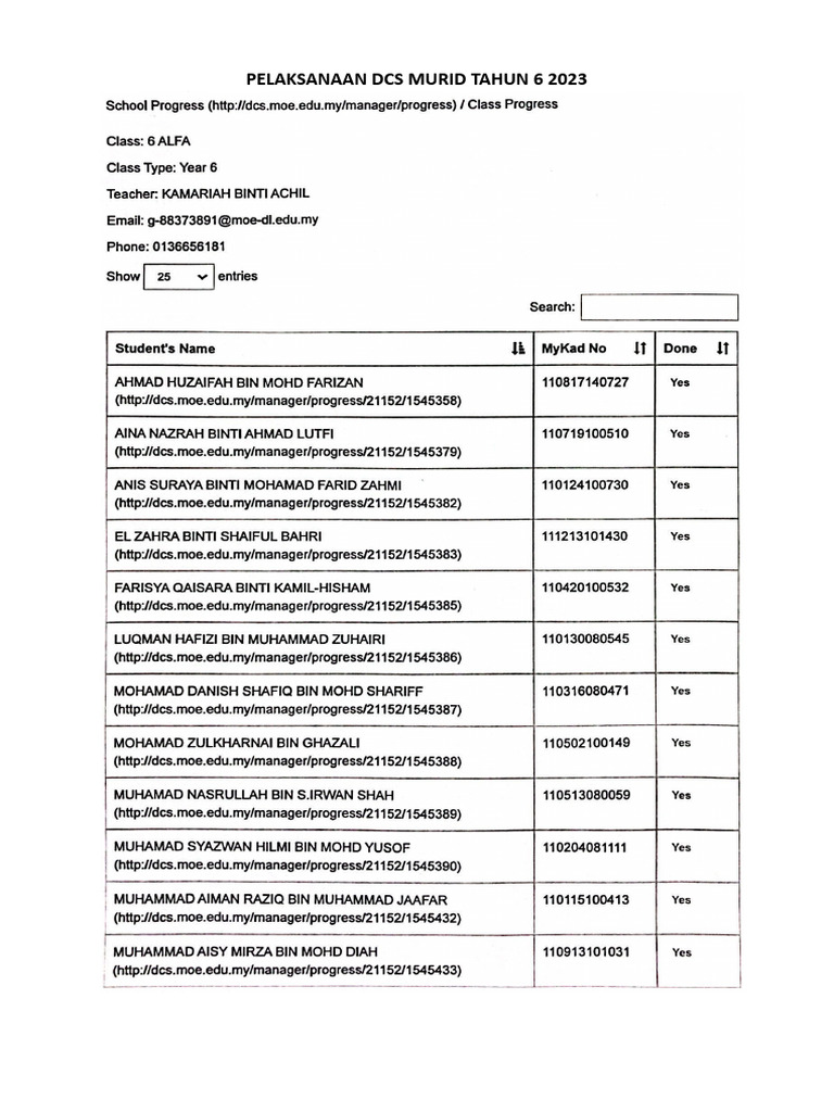 Rekod Pelaksanaan DCS Murid Tahun 6 2023 | PDF