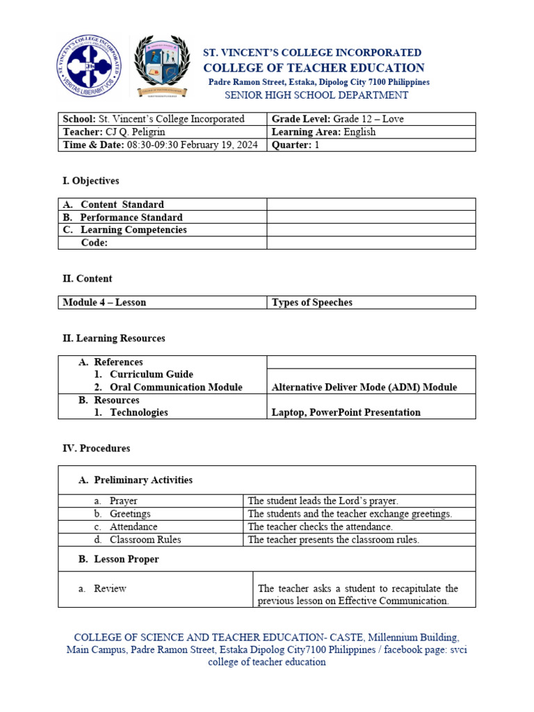 Lesson Plan, Types of Speech Context | PDF | Human Communication ...