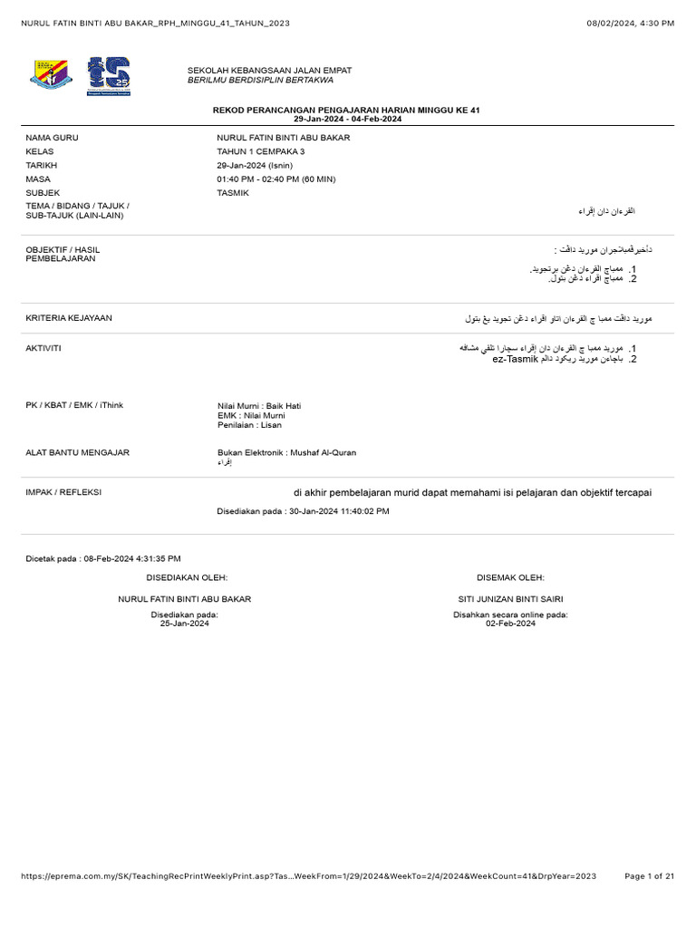Nurul Fatin Binti Abu Bakar RPH Minggu 41 Tahun 2023 | PDF