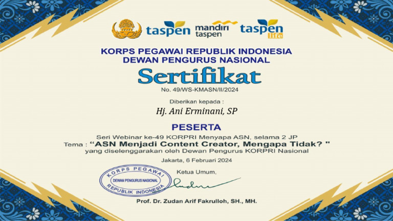 Sertifikat Korpri ASN Creator HJ ANI | PDF