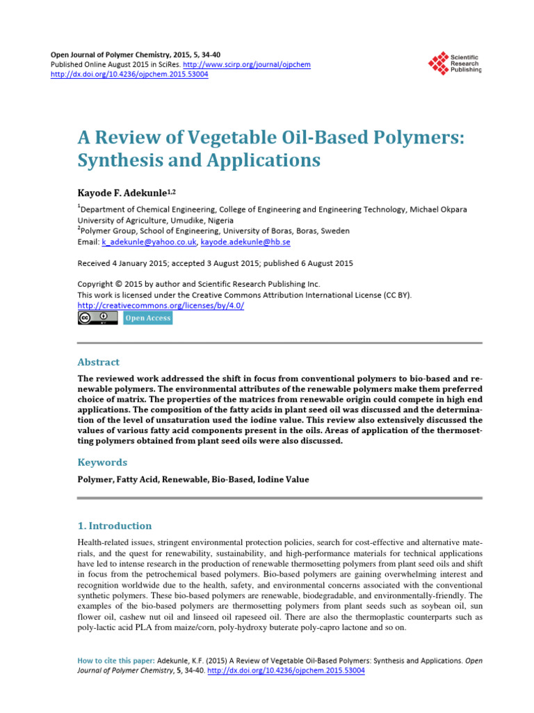 A Review of Vegetable Oil-Based Polymers Synthesis and Applications ...