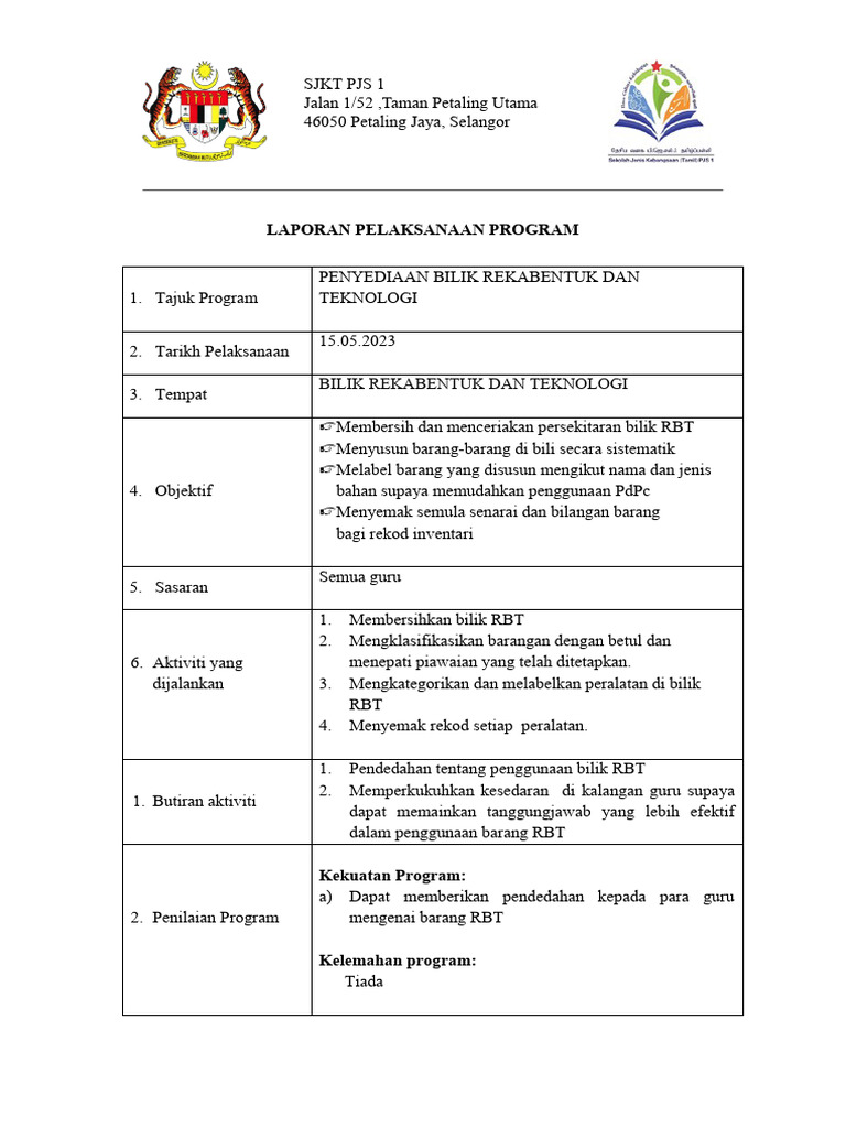 Laporan Pengemaskinian Bilik RBT | PDF