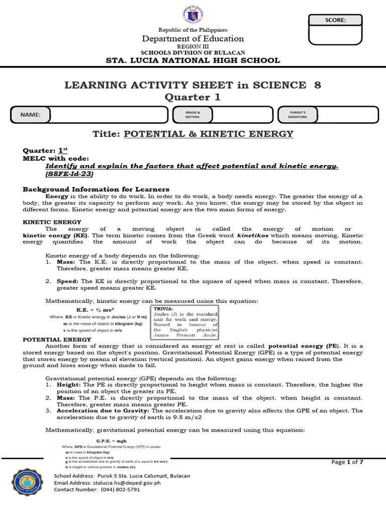 Science 8 Quarter 1 Learning Activity Sheet 01 Potential and Kinetic Energy 2 | PDF | Potential ...