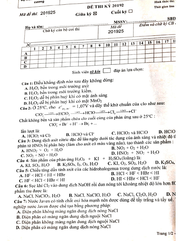 Đê Thi K 20192 | PDF