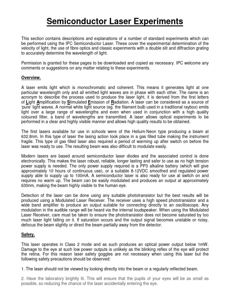 Semiconductor Laser Experiment Sheet | PDF | Optical Fiber | Laser