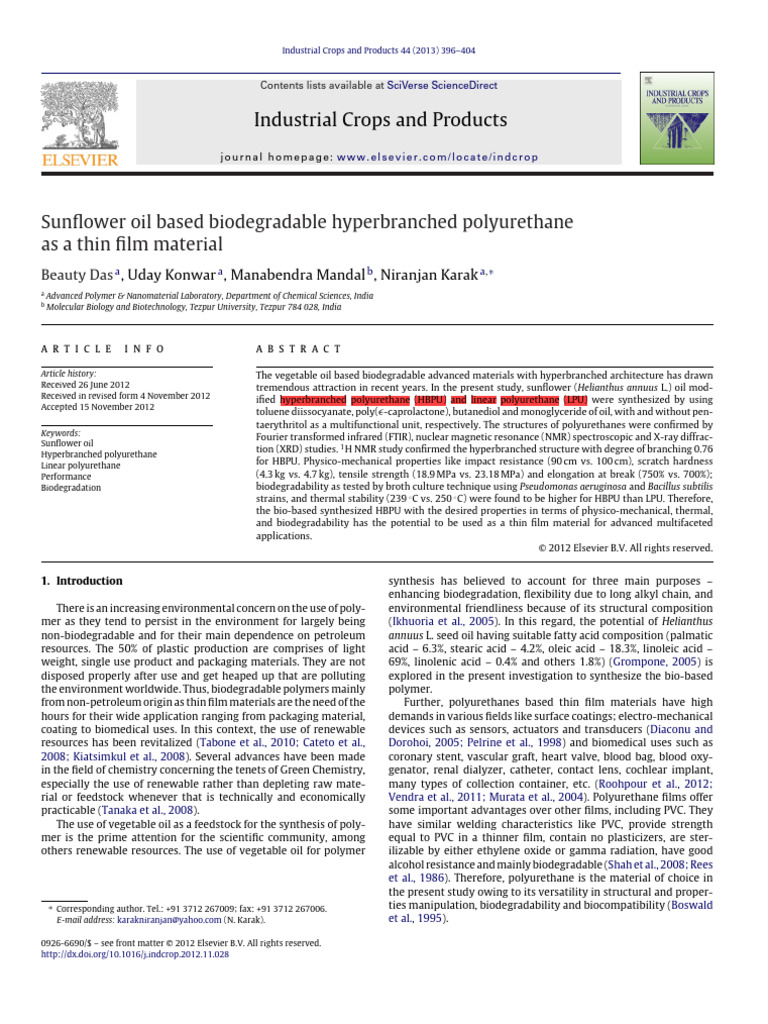 Sunflower oil based biodegradable hyperbranched polyurethaneas a thin film material | PDF ...
