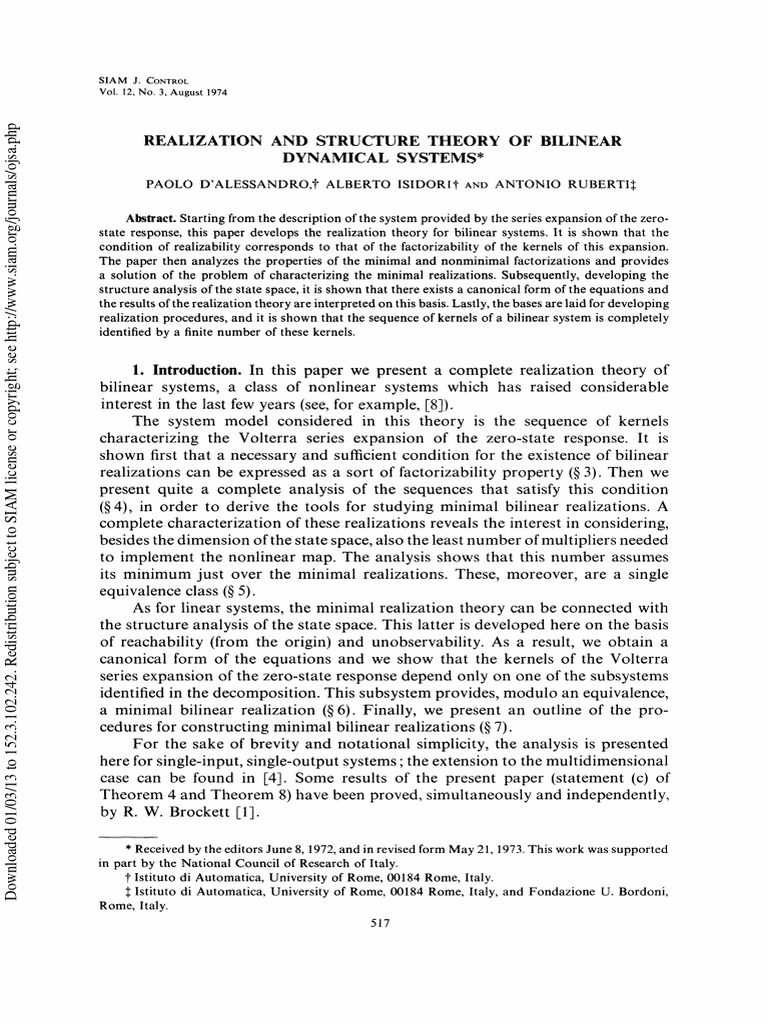Realization and Structure Theory of Bilinear ... | PDF | Matrix (Mathematics) | Nonlinear System