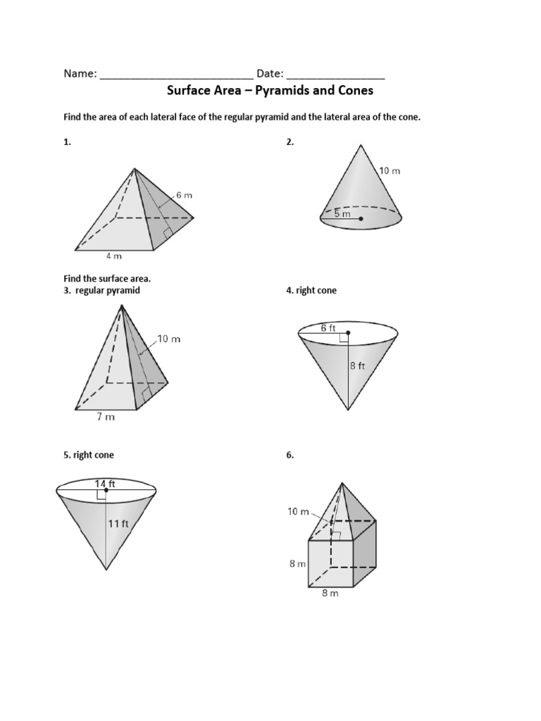 Surface Area of Pyramids and Cones Worksheet | PDF | Area | Sphere