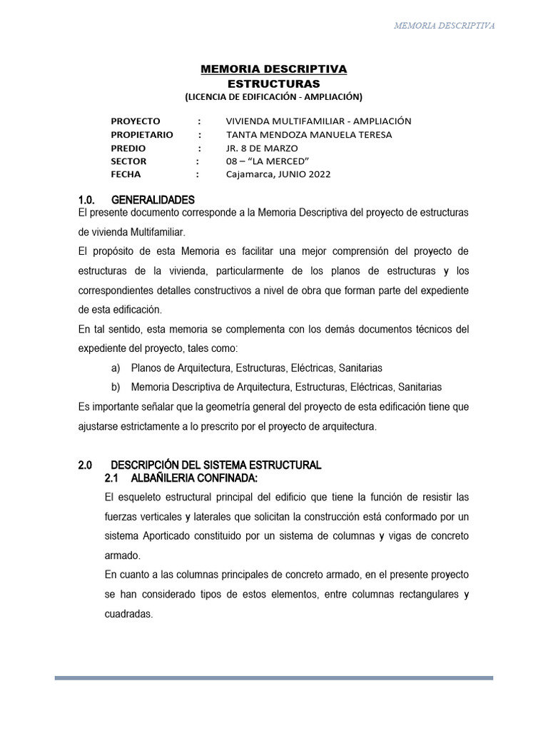 Memoria Descriptiva - Estructuras | PDF | Hormigón | edificio