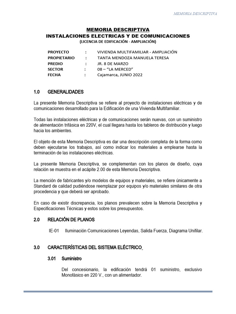 MEMORIA DESCRIPTIVA - ELECTRICAS | PDF | Energia electrica | Electromagnetismo