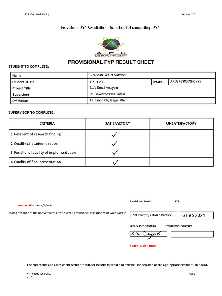 APU-PROVISIONAL FYP RESULT SHEET (Thinesh-Tp068283) | PDF