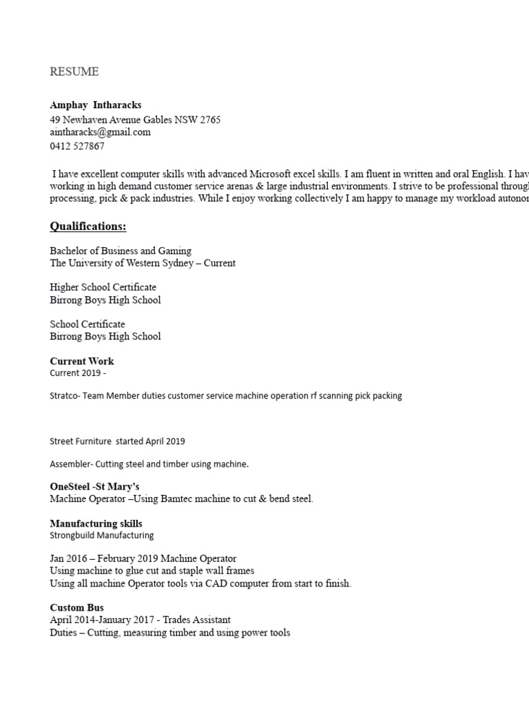 Amphay Intharacks Factory Hand Resume | PDF | Secondary Sector Of The ...