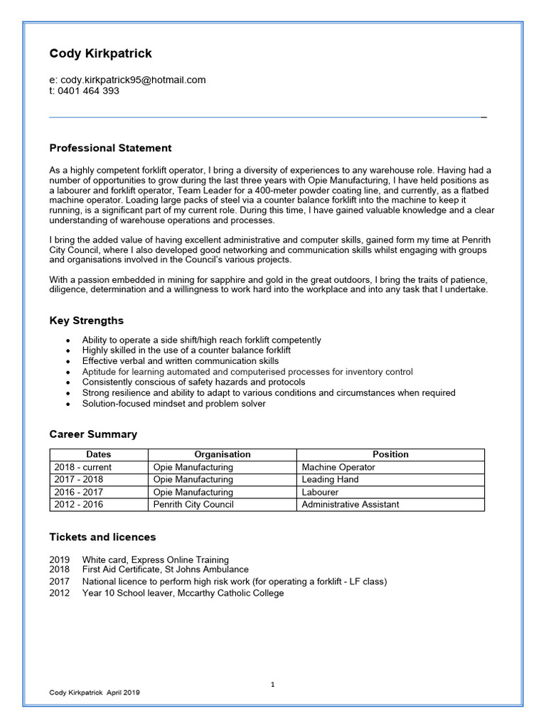 Cody Kirkpatrick Factory Hand Resume | PDF | Forklift