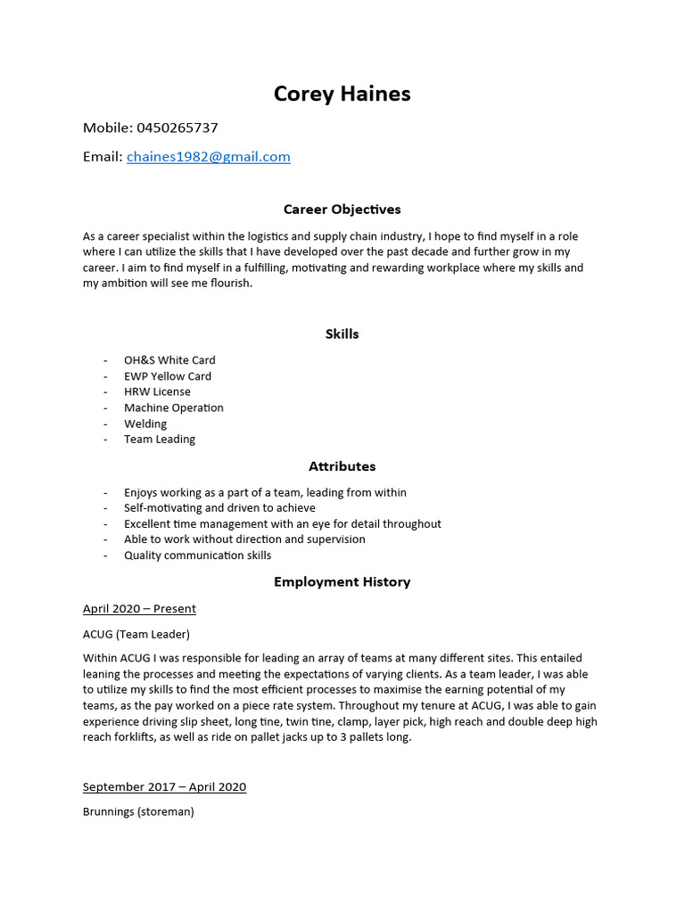 Corey Haines Factory Hand Resume | PDF | Forklift | Warehouse