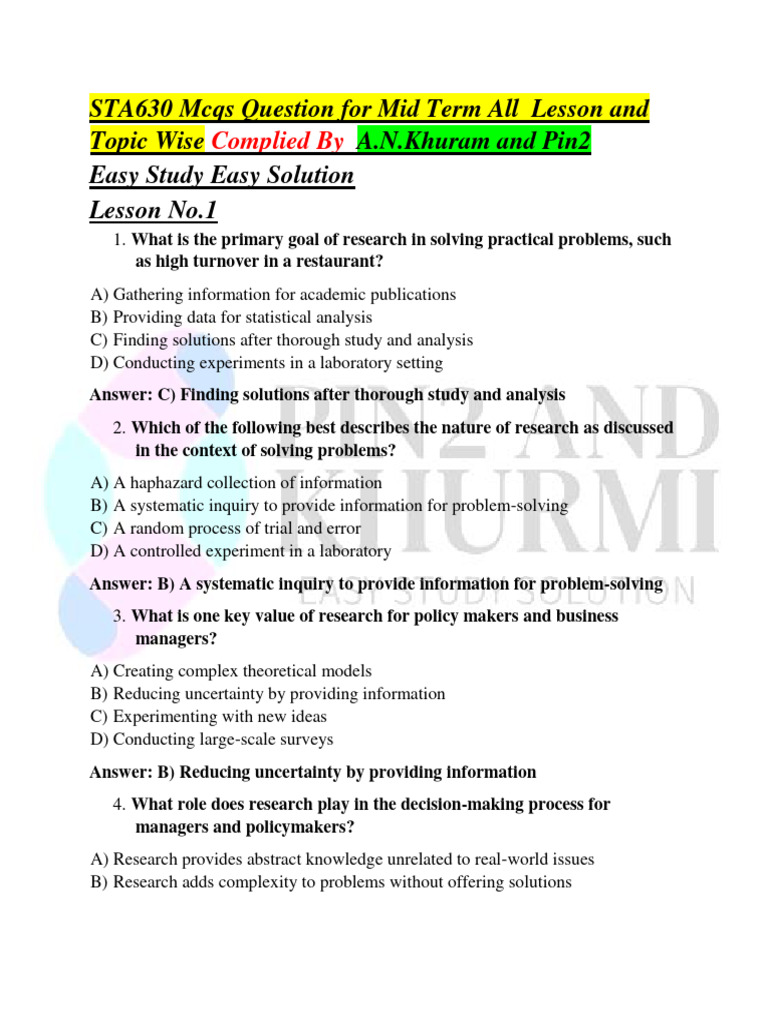 STA630 Mcqs For Mid Term by Khurmi and Pin2 | PDF | Survey Methodology ...