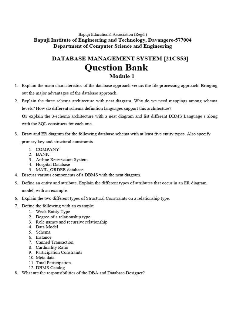 21CS53 DBMS-QB | PDF | Databases | Relational Database