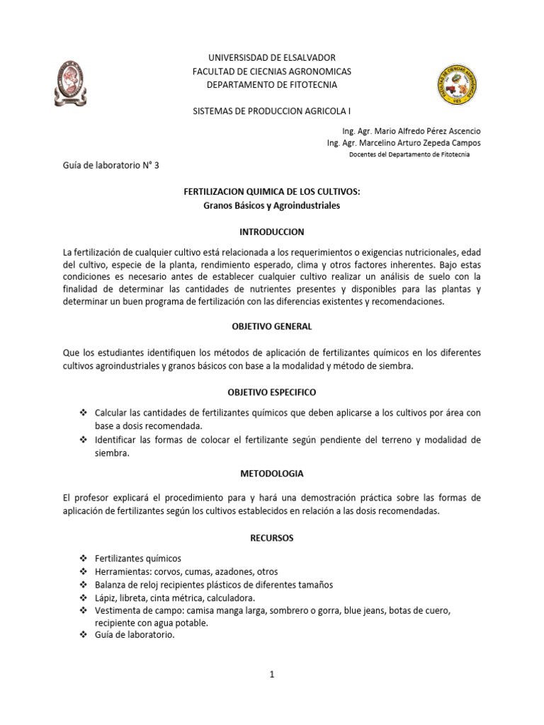 3° GUIA LABORAT FERTILIZACION SPV I 2023 | PDF | Fertilizante | Suelo