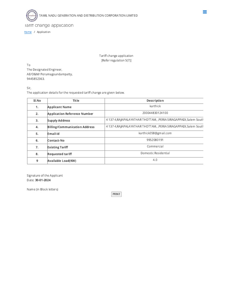 TANGEDCO - Application Portal | PDF
