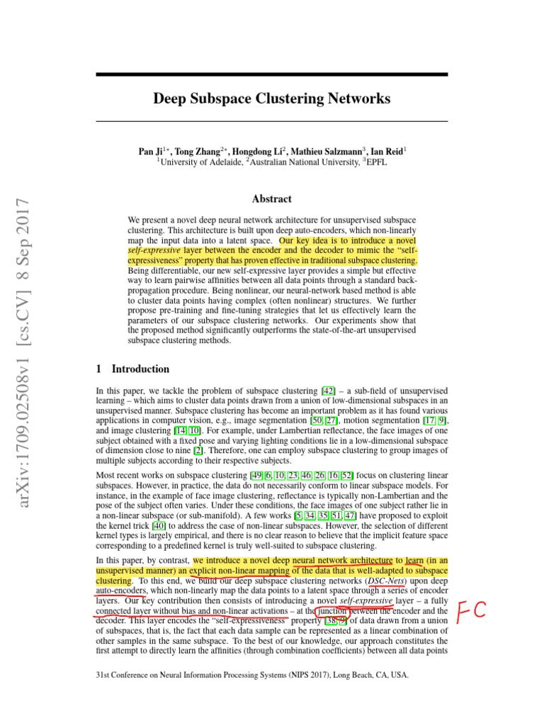 Deep Subspace Clustering Networks | PDF | Cluster Analysis | Artificial Intelligence