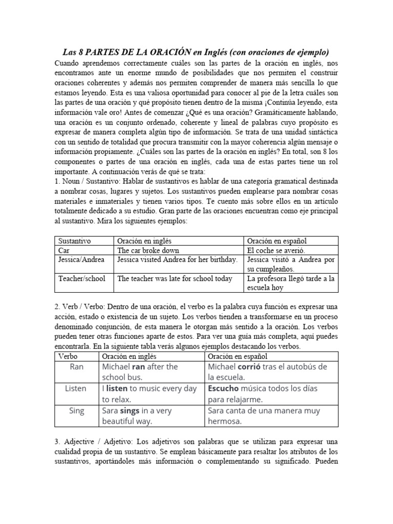 Las 8 PARTES DE LA ORACIÓN en Inglés | PDF | Oración (Lingüística) | Verbo