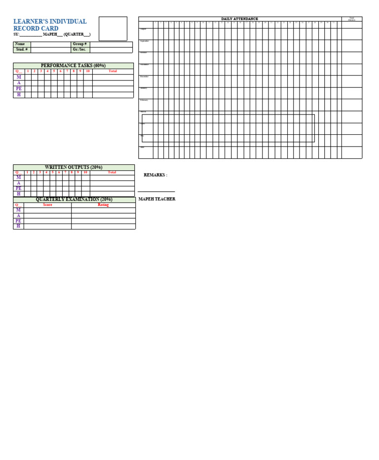 LEARNERs INDIVIDUAL RECORD CARD DESIGN 1 | PDF